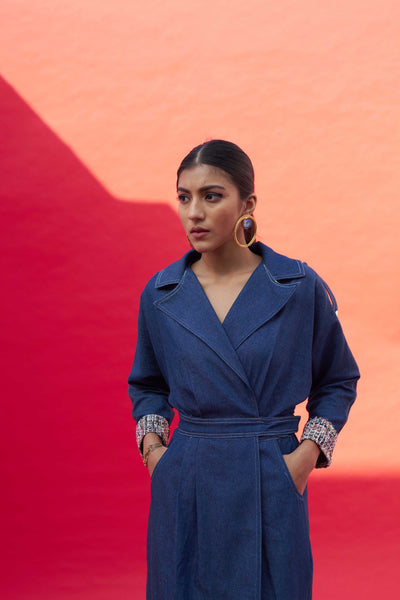 DARK BLUE DENIM TWEED TRENCH DRESS – Aruni Design